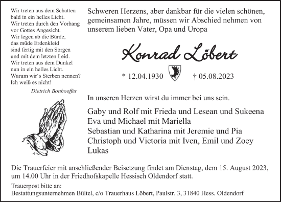 Traueranzeigen von Konrad Löbert | Trauerportal Ihrer Tageszeitung