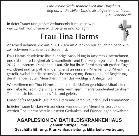 Traueranzeigen von Tina Harms | Trauerportal Ihrer Tageszeitung