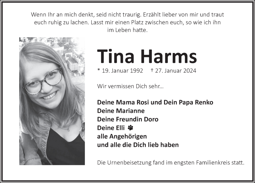 Traueranzeigen von Tina Harms | Trauerportal Ihrer Tageszeitung
