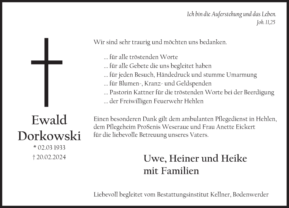 Traueranzeigen von Ewald Dorkowski | Trauerportal Ihrer Tageszeitung