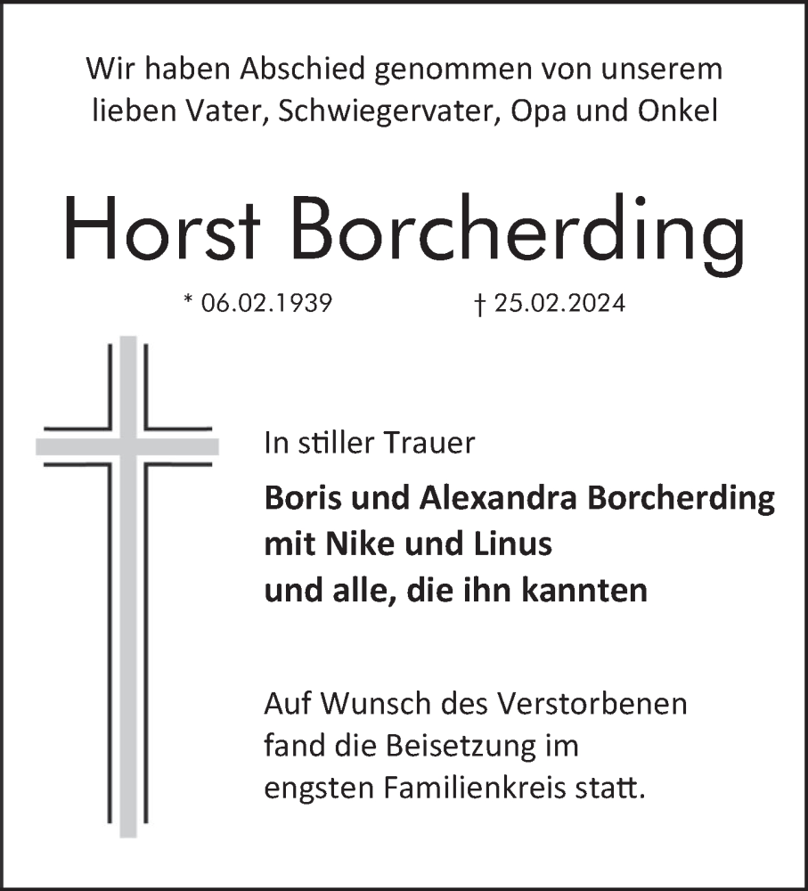 Traueranzeigen von Horst Borcherding | Trauerportal Ihrer Tageszeitung