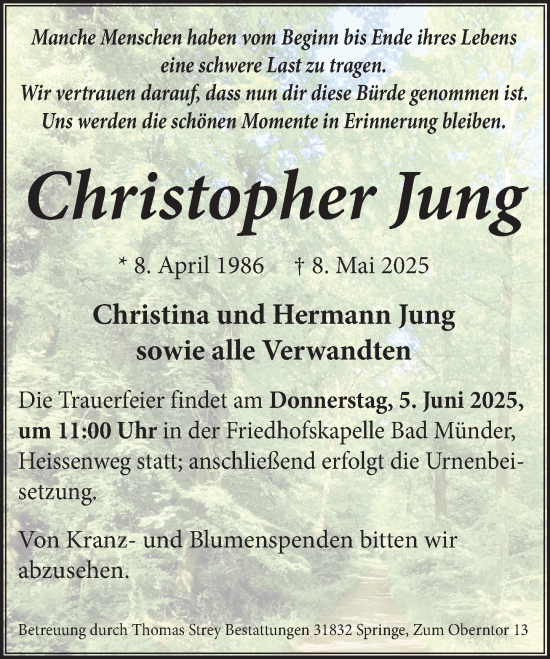 Traueranzeigen von Christopher Jung | Trauerportal Ihrer Tageszeitung