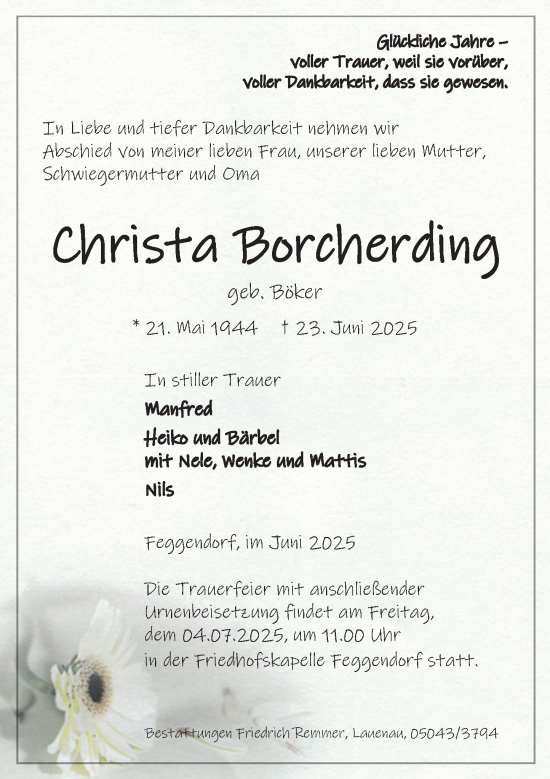 Traueranzeigen von Christa Borcherding | Trauerportal Ihrer Tageszeitung